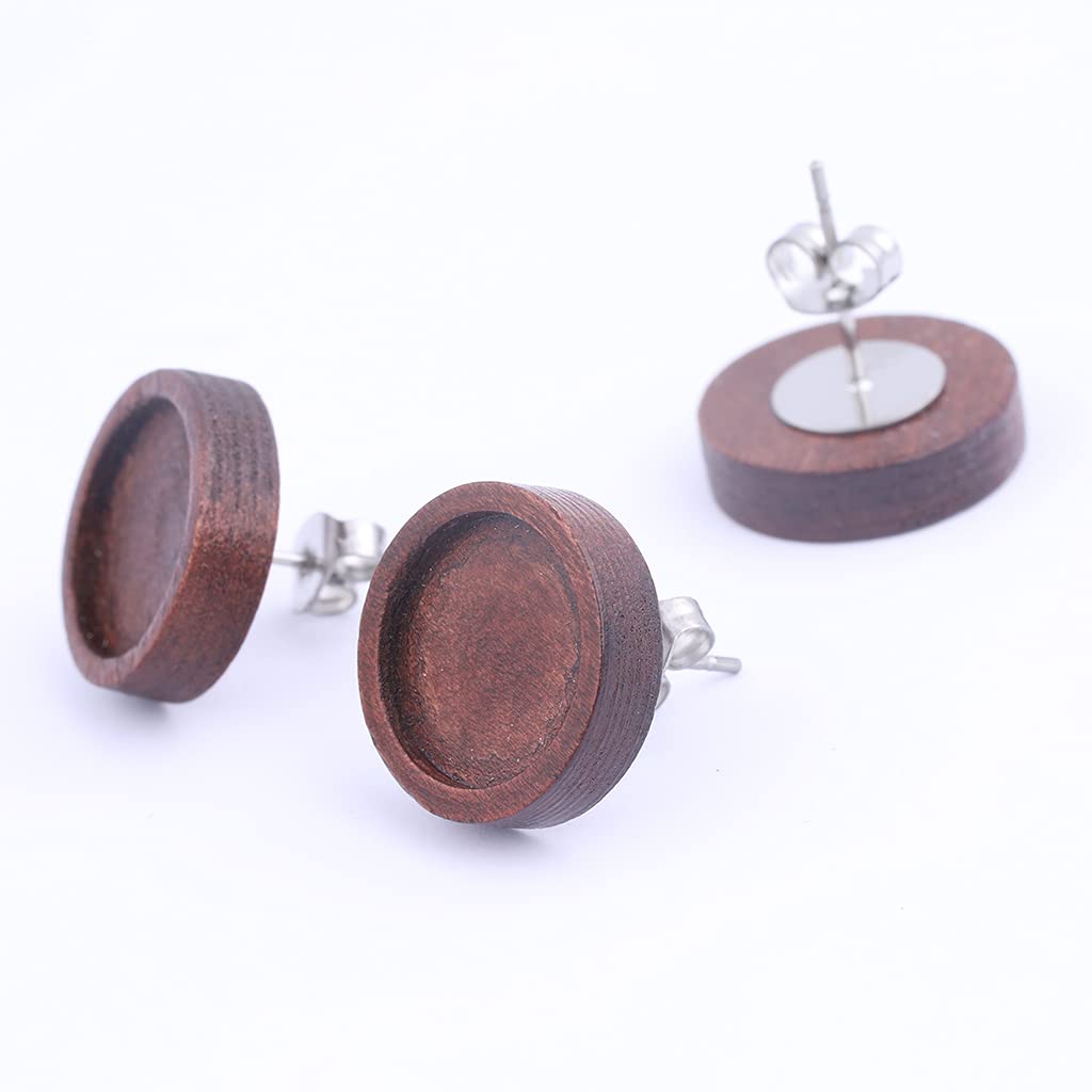 50pcs Wood Stud Earrings Bezel Blanks 12mm Cabochon Wooden Base Setting DIY Stainless Steel Ear Posts Findings with Backings