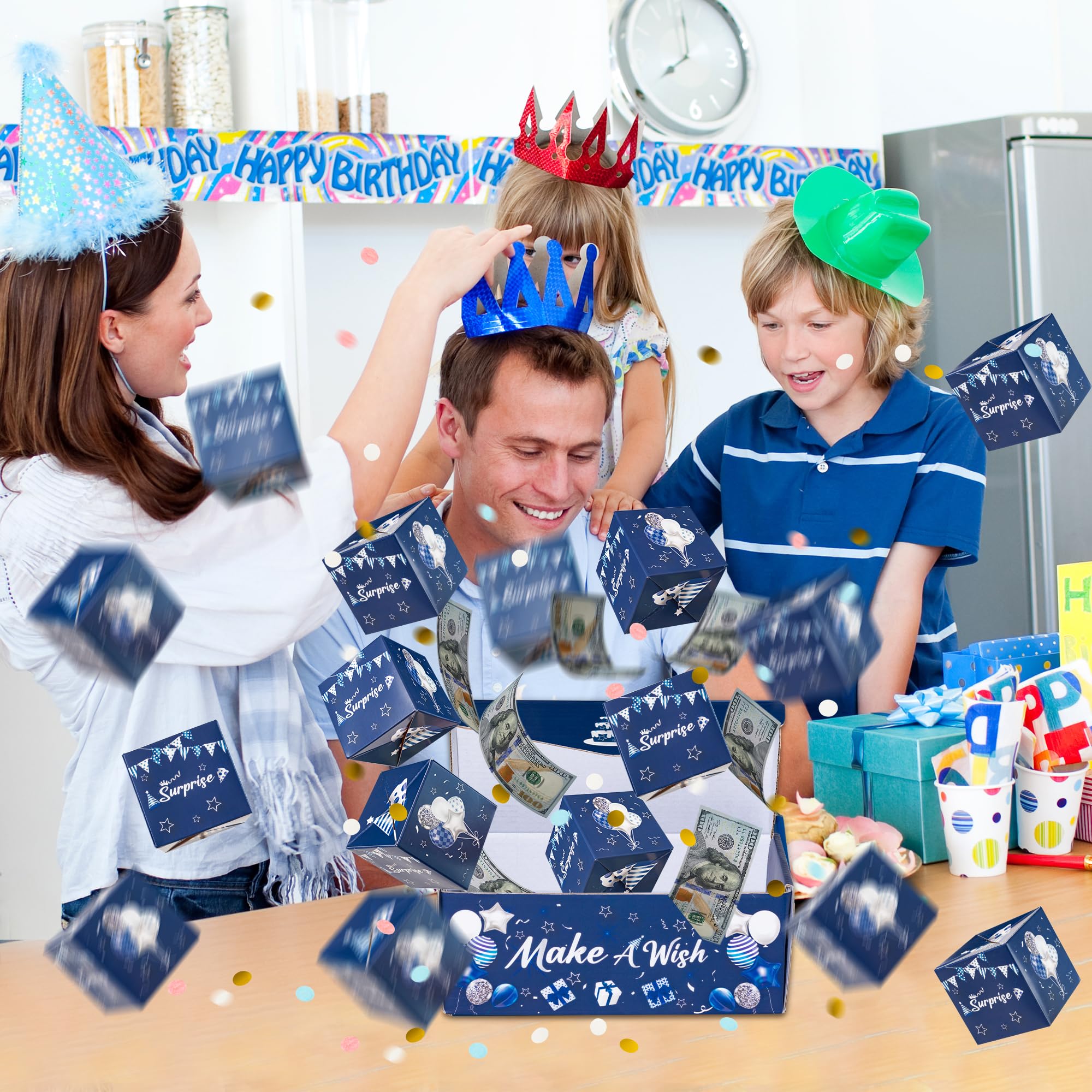 WATINC Surprise Gift Box Explosion - 16pcs Birthday Surprising Gift Boxes Exploding for Money, 12 Bounces Money Boxes Explosion with Confetti, Blue Pop Out Cash Holder for Bday Party Supplies