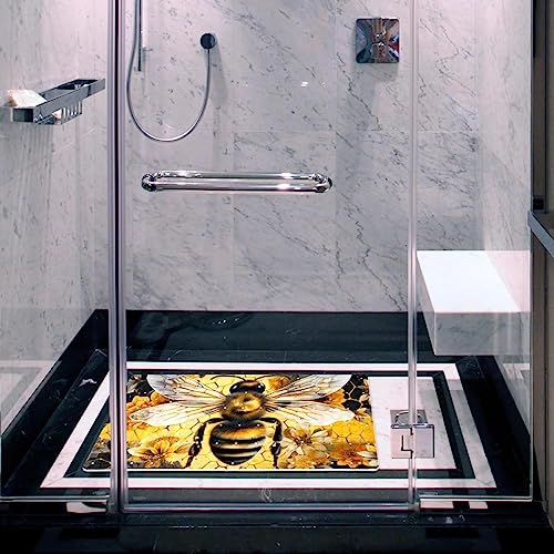 Bath Tub Shower Mat - Anti-Slip PVC Material 15.1x26.8 in, Gentle Cushioning Quick Drying Suction Cups Reliable Solution - Flowers and Lovely Bees Design Non-Slip Floor Mat