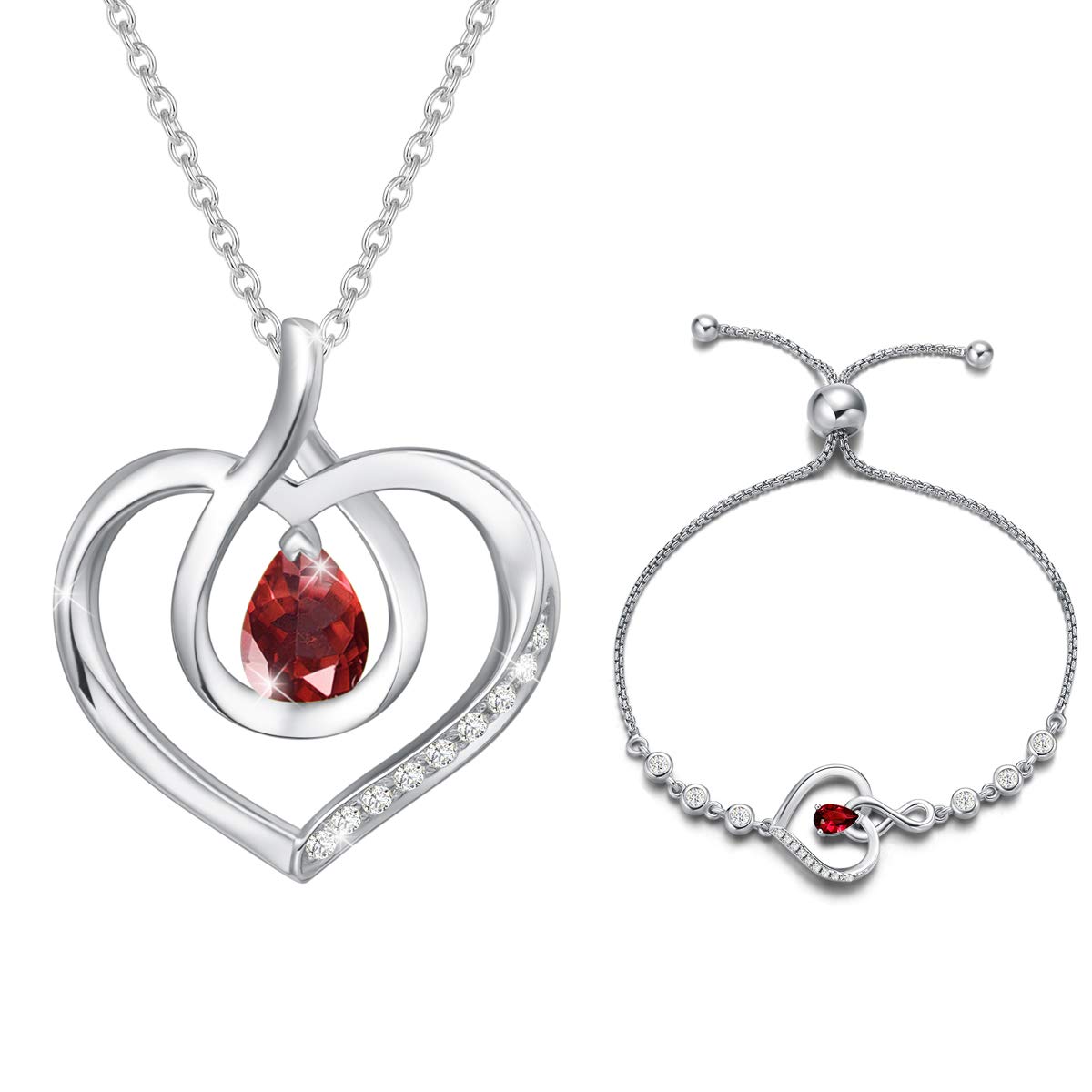 Agvana January Birthstone Genuine Garnet Heart Necklace Bracelet for Women Sterling Silver Infinity Love Pendant Fine Jewelry Set Mothers Day Gifts for Mom Anniversary Birthday Gifts for Mother Her