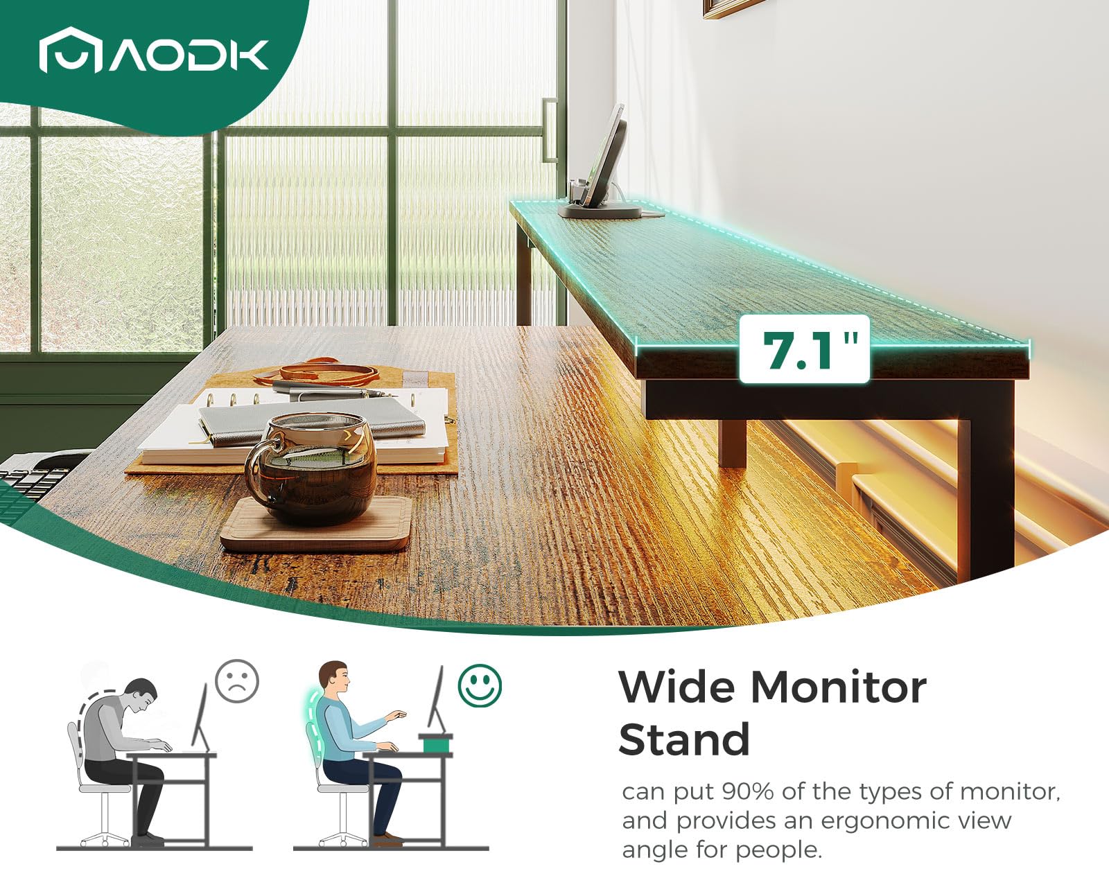 AODK 55" Computer Desk with Fabric File Cabinet and Drawer, Reversible Office Desk with Power Outlet and LED Light, Study Desk with Printer Stand, Keyboard Tray, Monitor Riser and PC Stand, Vintage