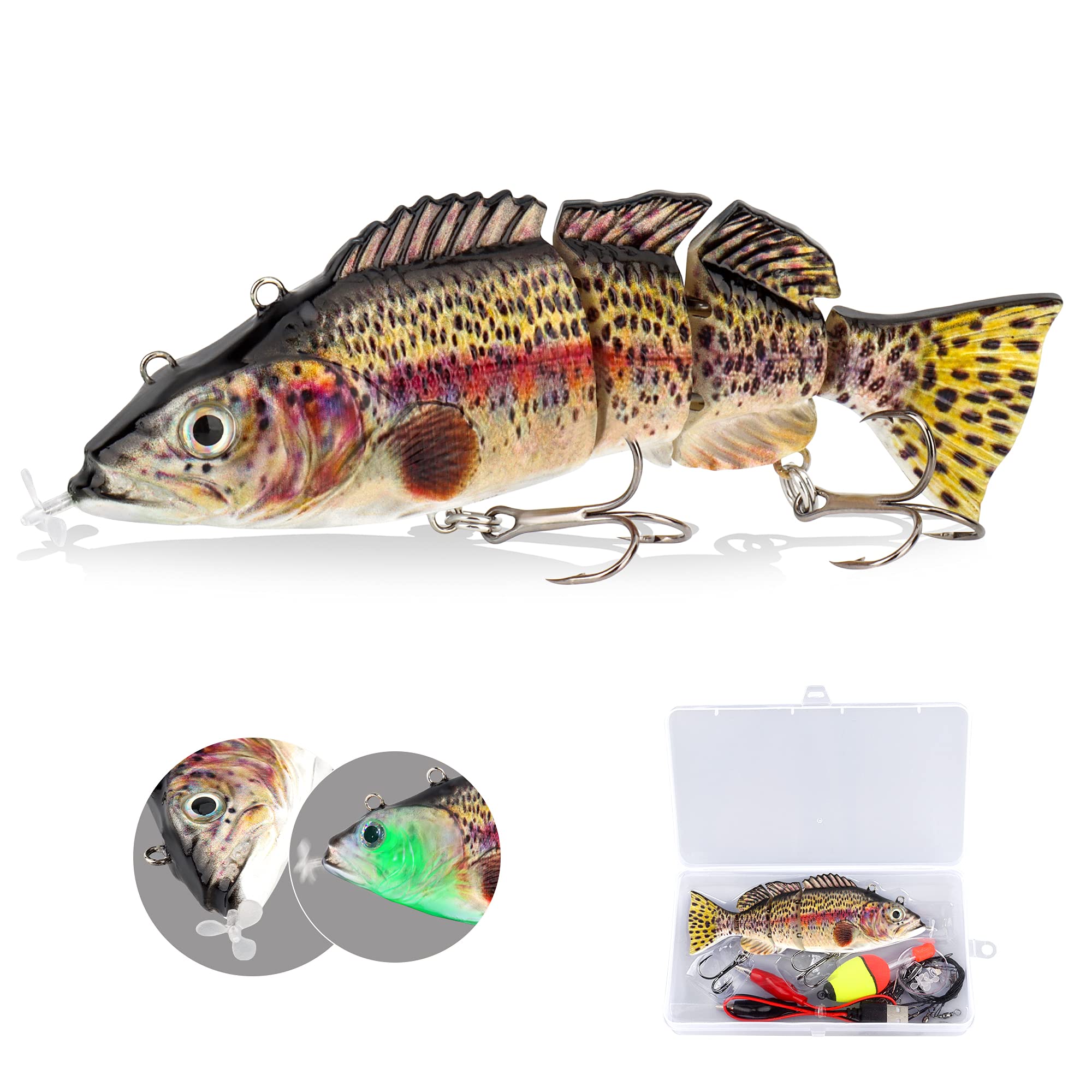 Actume Electric Fishing Lure 5.5'' Robotic Wobblers Bait Auto-Swimming 4 Segment Swimbaits USB Rechargeable LED Light Self-propelling Lure Tackle (Set G)