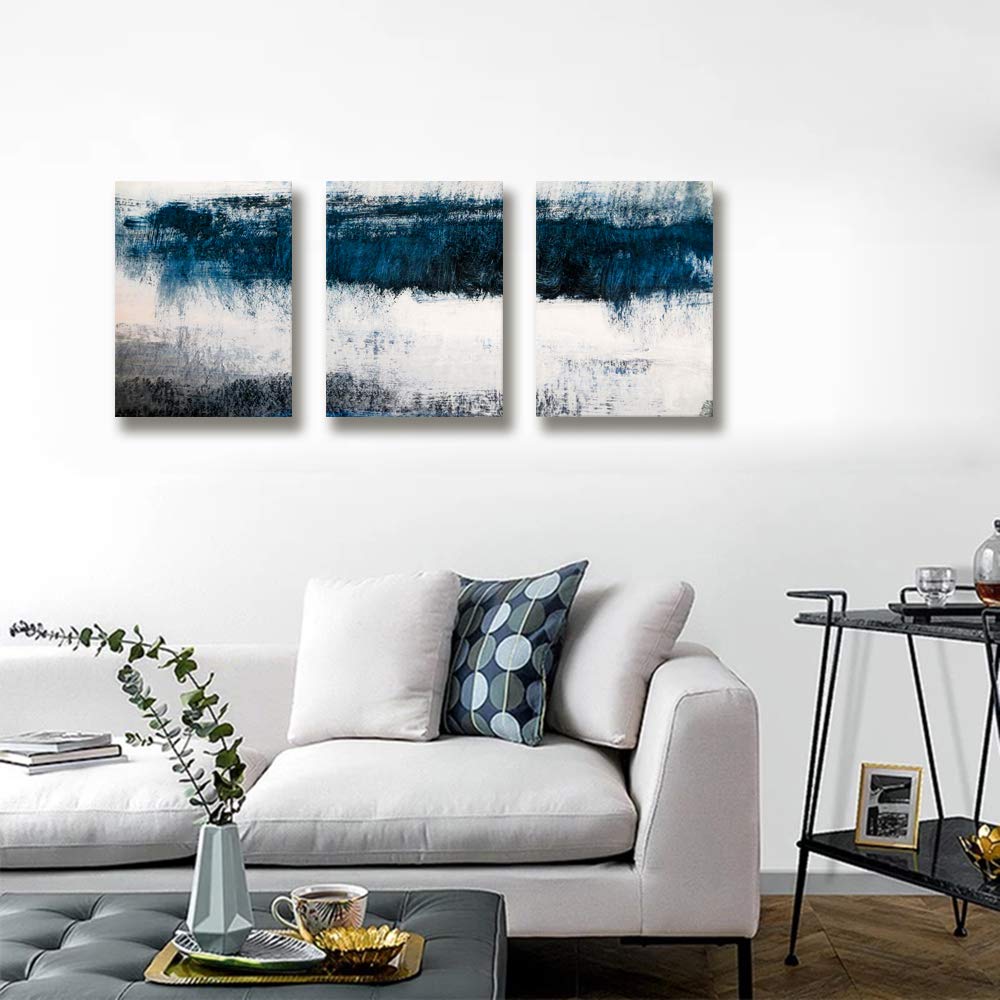 Abstract Canvas Wall Art Prints Painting Navy Blue Tones Modern Creative Artwork 3 Panels/Set Framed Bathroom Pictures Ready to Hang for Living Room Bedroom Office Kitchen Decorations 12"x16"x3…