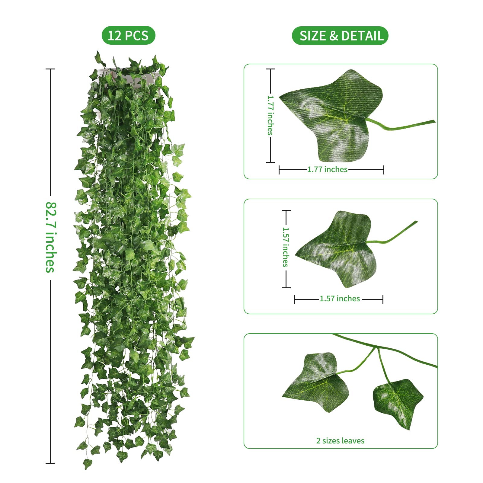 EZFLOWERY 12 Strands 84 Feet Artificial Ivy Vines Leaves, Silk Garland Fake Greenery Hanging Leaf Plants for Wedding, Wall Decor, Party, Room, Garden, Home Decor - Green
