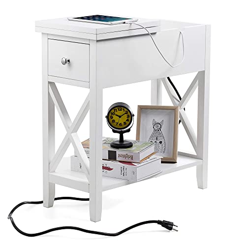 ChooChoo End Table with Flip Top and Charging Station, Narrow Side Table with Storage Cabinet and USB, Skinny Sofa Table with Power Outlet for Living Room Bedroom, White