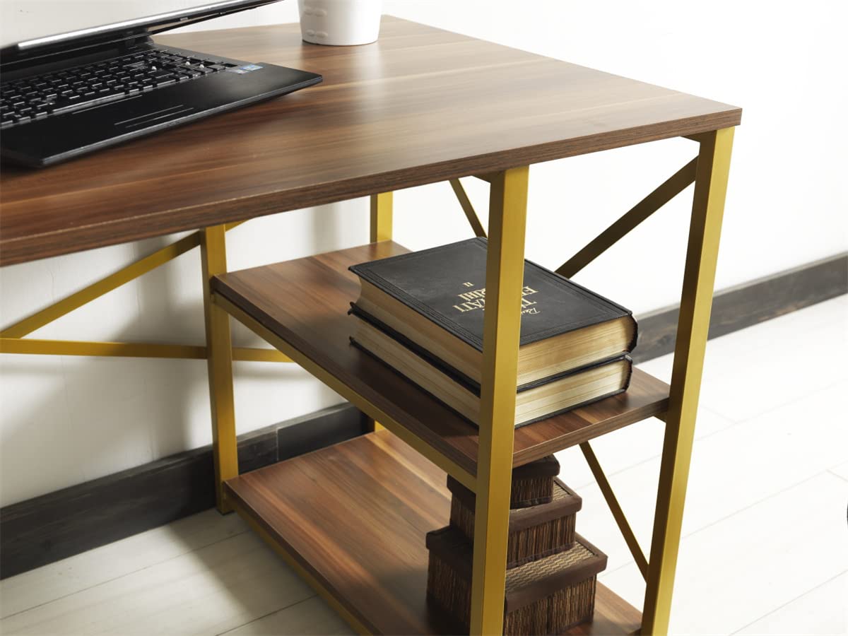LLS Computer Desk, Work Table Writing Desk Gaming Table Workstation with 47" Wooden Top & 2 Shelves, Writing Sturdy Table Computer Desk with Gold Metal Frame for Home Office Furnish Store, Brown