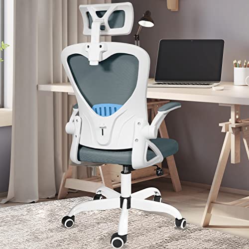 MUZII Office Chair with Headrest, Mesh Office Chair, Ergonomic Mesh Office Chair with Lumbar Support, Desk Chair with Wheels, Task Chair with Arms Executive Office Chair for Home Office, Grey