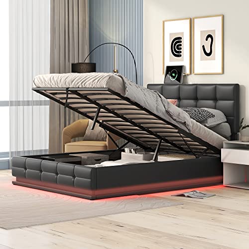 BIADNBZ Full Size Modern Platform Bed with Hydraulic Storage System and Headboard,Tufted PU Upholstered Bedframe with LED Lights and USB Charger for Bedroom,No Box Spring Needed, Black