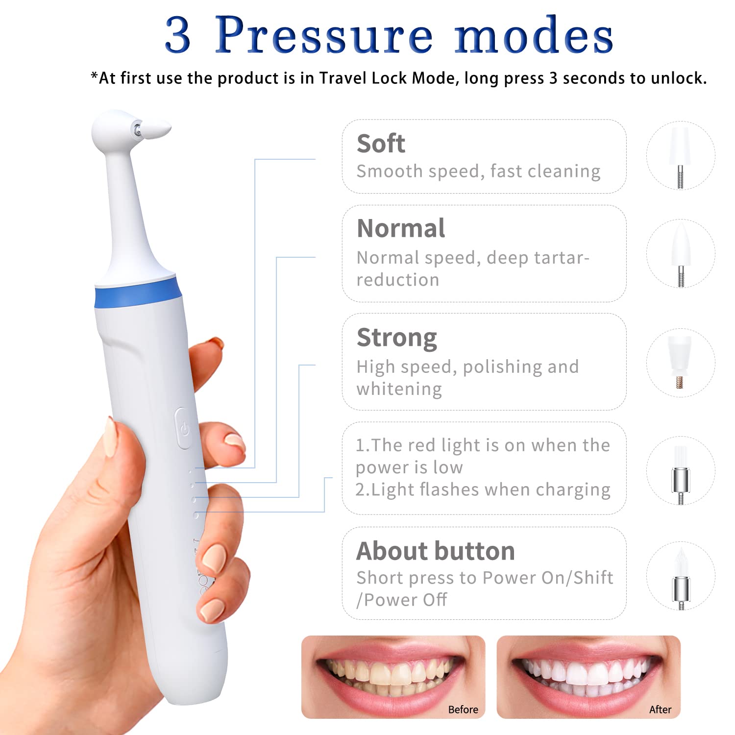 Akizbeir Electric Tooth Polisher, with 10 Replacement Heads, Household Dental Tartar Calculus Remover(White-Blue)