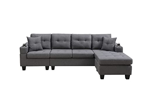 BIADNBZ Modern Sectional Sofa Set with Reversible Chaise Lounge,2 Pillows and Cup Holders,4-Seat L-Shaped Upholstered Couch for Living Room Office Apartment, Gray