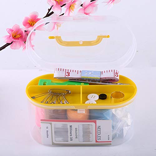 Sewing Supplies Set Portable Sewing Kit Box Plastic Organizer Storage Box with Removable Interlayer for 10pcs Sewing Tools Including Needle Tape Measure Scissor Thimble(Yellow)