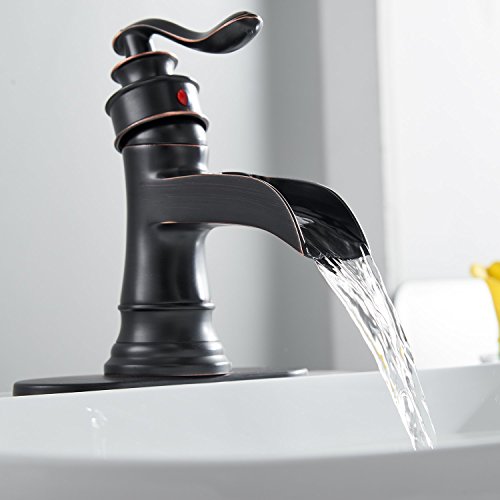 Bathroom Faucet Oil Rubbed Bronze Waterfall Sink Bath Faucets Farmhouse Spout Lavatory Vanity Deck Mount Single-Handle One Hole Matching Pop Up Drain Stopper Supply Lines Hose Lead-Free By Bathfinesse