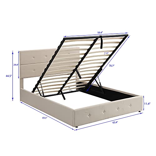 BIADNBZ Queen Size Platform Bed Frame Upholstered with Lifting Underneath Storage and Headboard, Wooden Slat Support, No Box Spring Needed, Beige