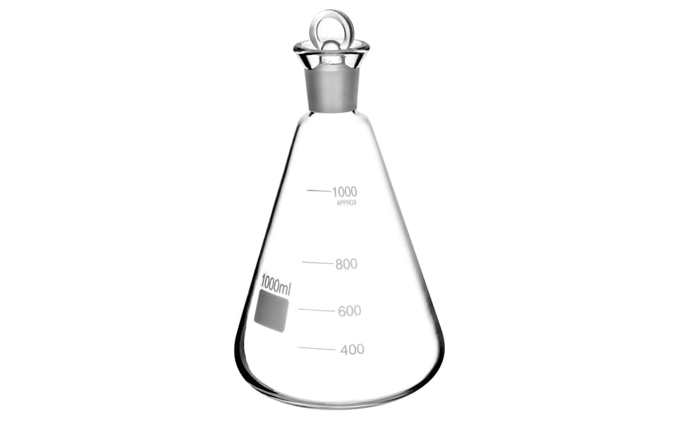 QWORK 1000ml Lodine Flask with Stopper, Thick Wall Flask with 24/29 Standard Conical Outer Connection, Heavy Duty Borosilicate Glass Erlenmeyer Flask Interchangeable Stopper, Conical Shape