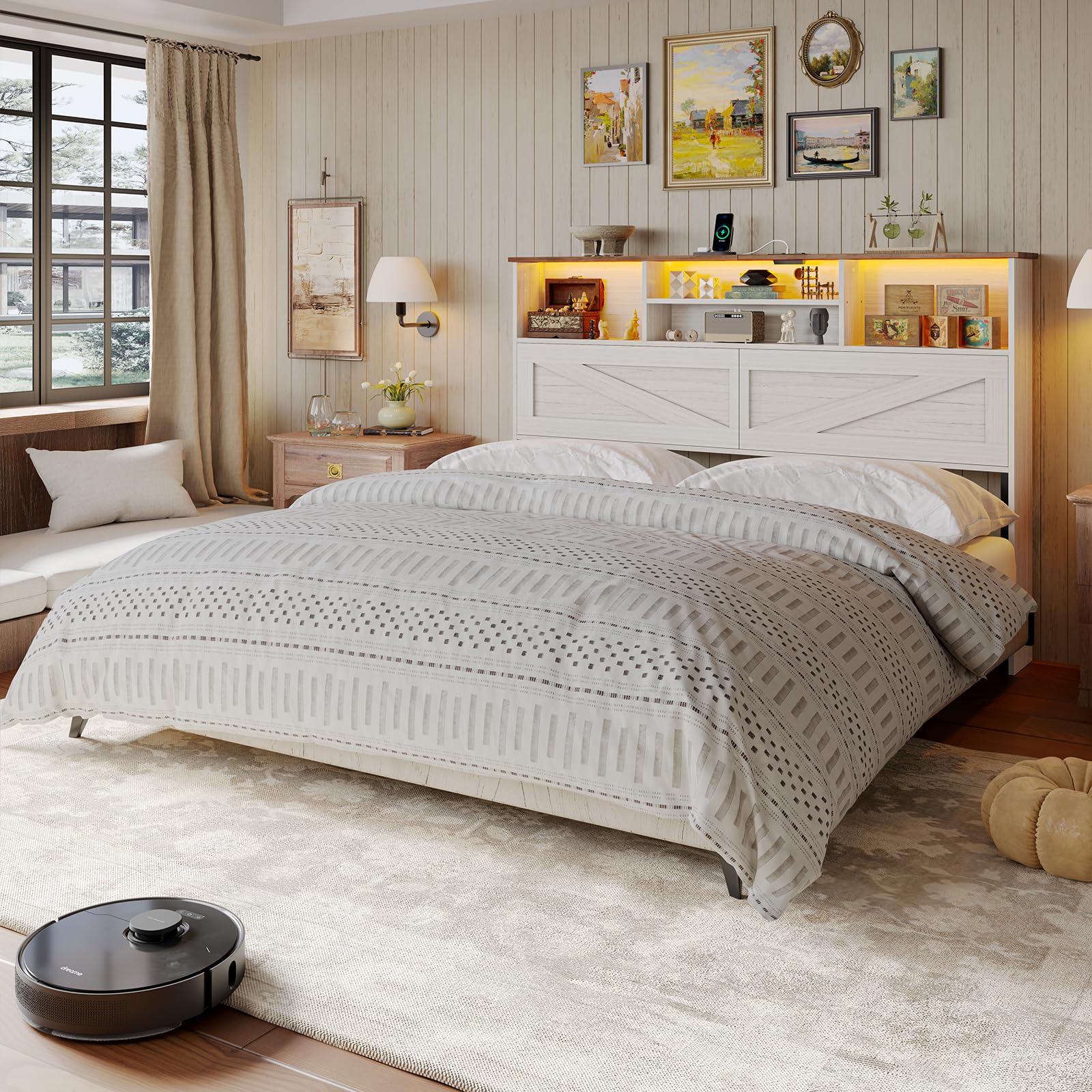 AOGLLATI Farmhouse King Headboard Only with Charging Station & Led Lights, King Size Headboard Only with 2-Tire Bookcase Storage Space for Bedroom, Easy Assembly, White