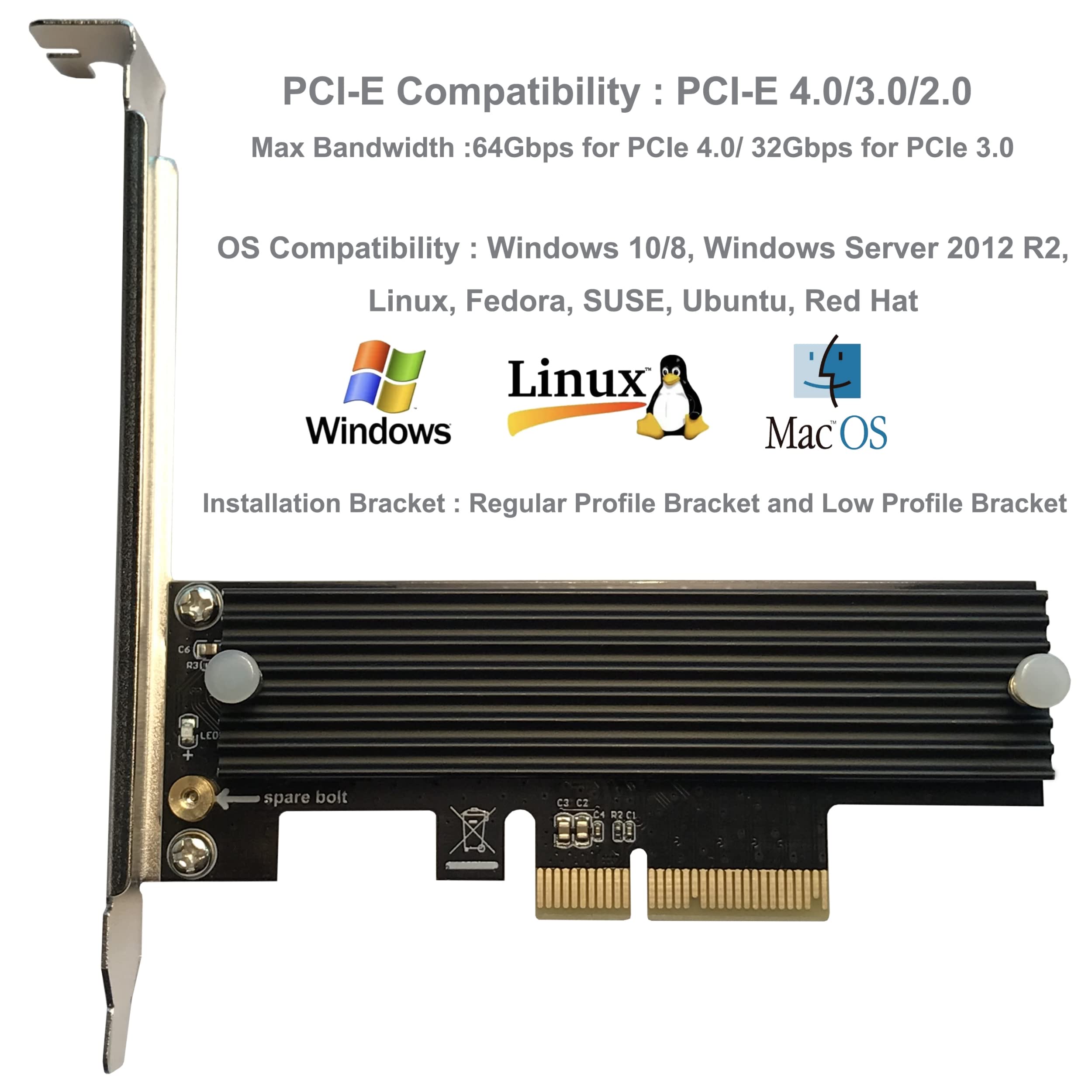 Bejavr M.2 NVME to PCIe 3.0/4.0 x4 Adapter, NVME/AHCI SSD to PCIe Expansion Card with Aluminum Heatsink Solution, Supports PCI-Express X4 X8 X16 Slots