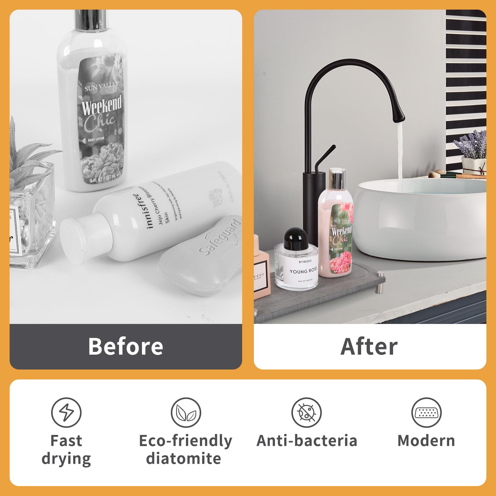 Water Absorbing Stone Tray for Sink, Stone Drying Mat for Kitchen Counter, Diatomite Tray Used for Hand Soaps & Plants & toiletries in The Modern Home, Fast Drying Sink Caddy(Grey)