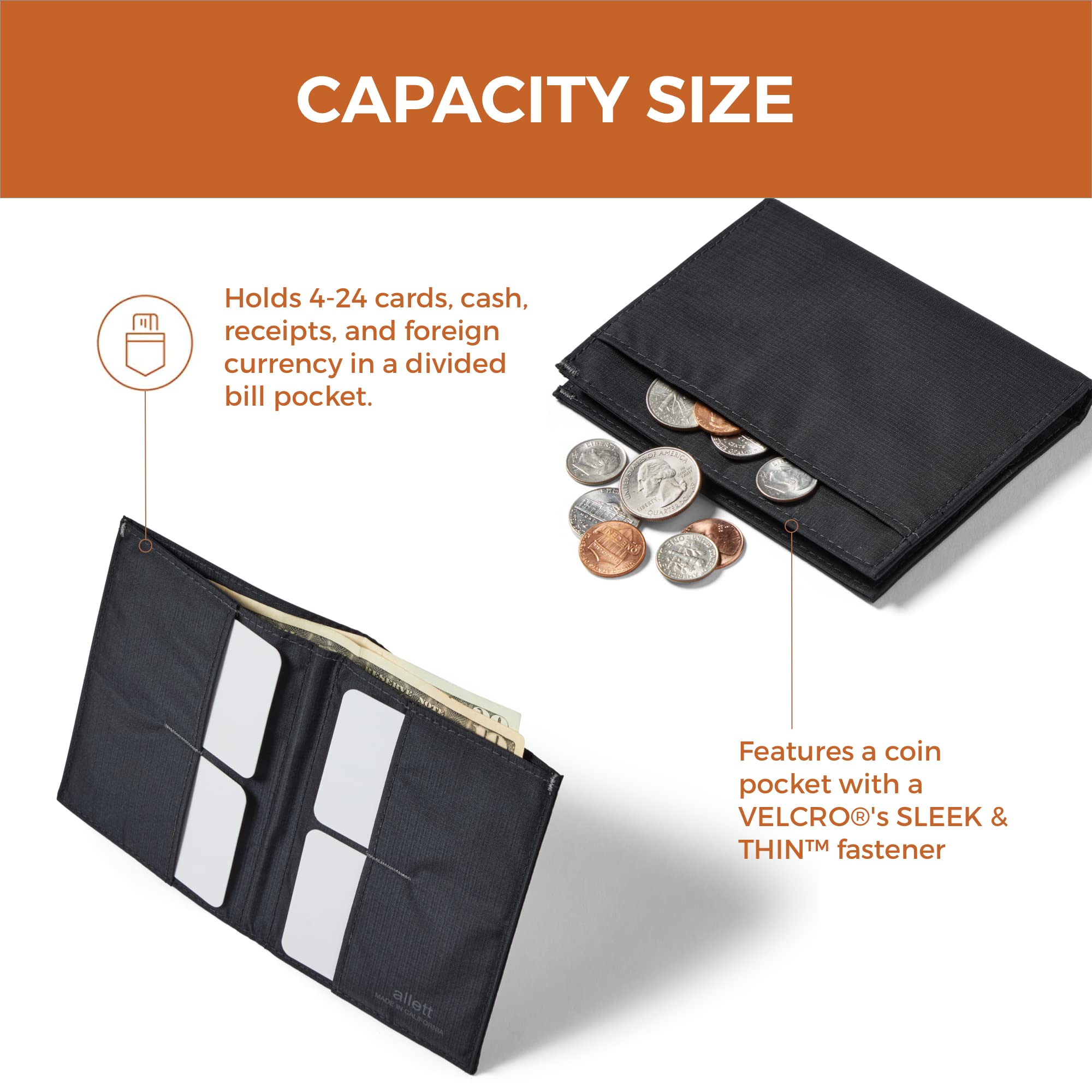 Allett Coin Wallet 2.0, Jet Black | Nylon, RFID Blocking, Velcro Pocket, Slim, Minimalist, Bifold, Water Resistant, Thin, Front Pocket | Holds 4-24+ Cards, Flat Bills & Receipts | Made in the USA
