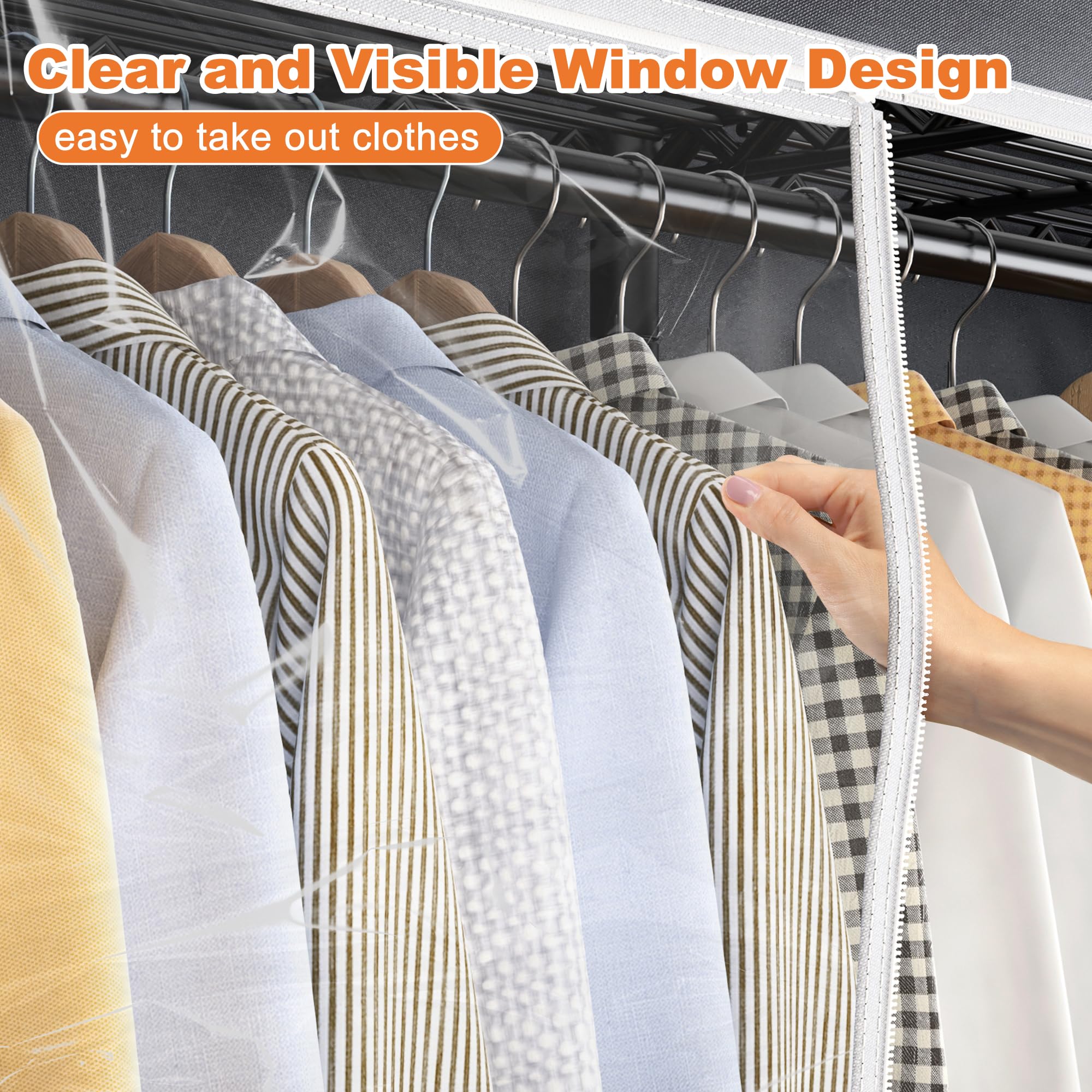 Raybee Garment Rack Cover Only, Fabric Clothing Rack Cover with Zipper, Clothes Rack Cover with PVC Clear Window & 8 Side Storage Pockets, Garment Rack Cover Only 76.7" W X 75.1" H X 17.9" D(Large)