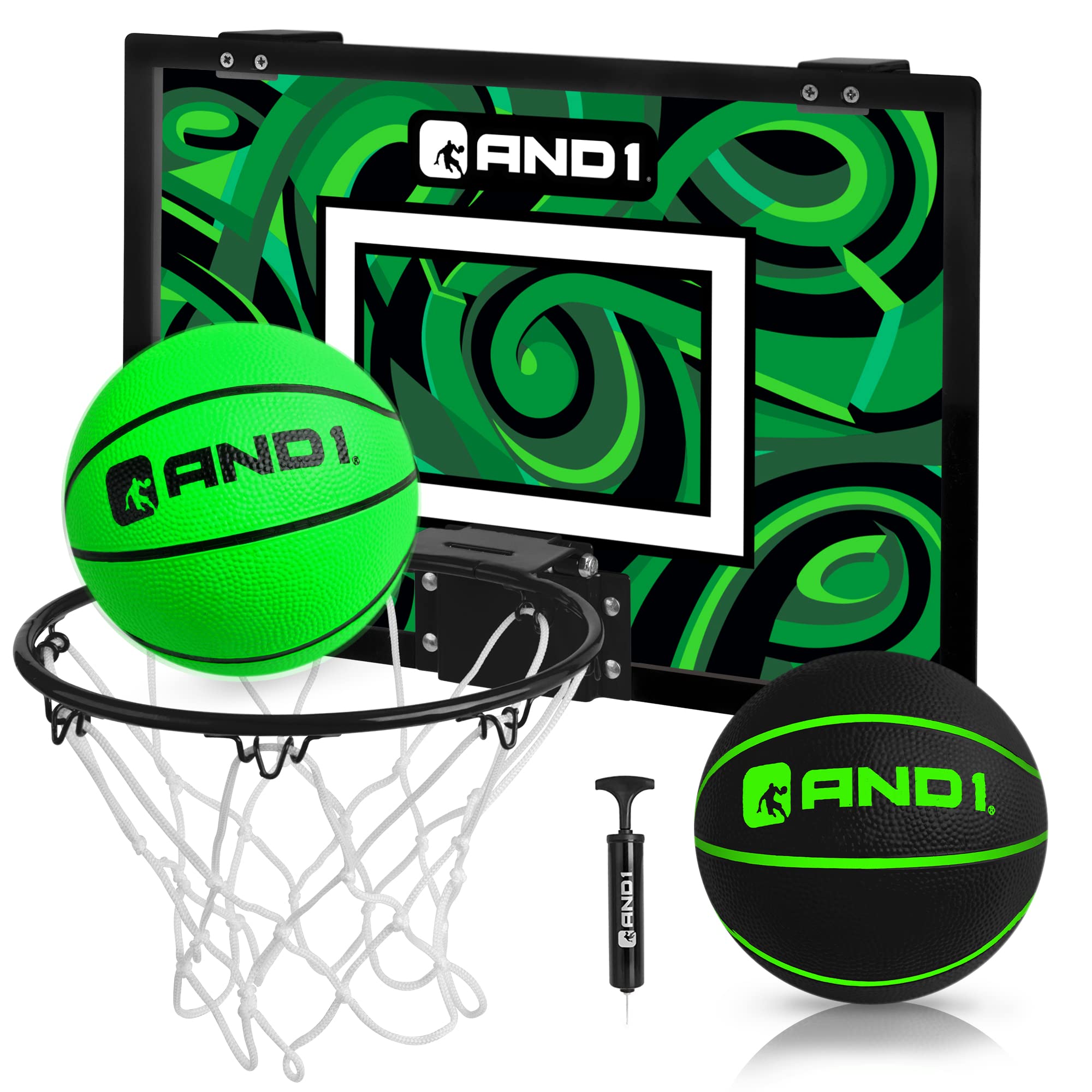 AND1 Over The Door [Mini Basketball] [Hoop]: - 18”x12” Pre-Assembled Portable with Flex Rim, Includes Two Deflated 5” – Teal/Pink (5A1GT0110L0E2)