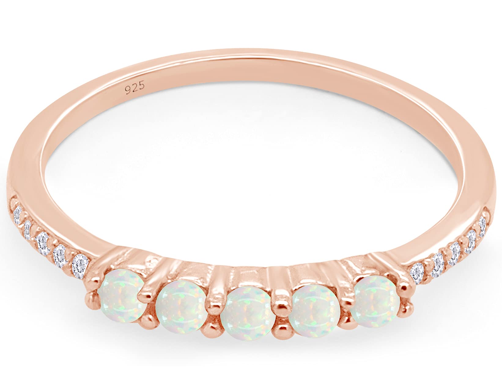 AFFY Five Stone Design, Dainty 14k Rose Gold Plated 925 Sterling Silver Round Cut Created Opal And Cubic Zirconia Stackable Ring Jewelry For Women Size -6