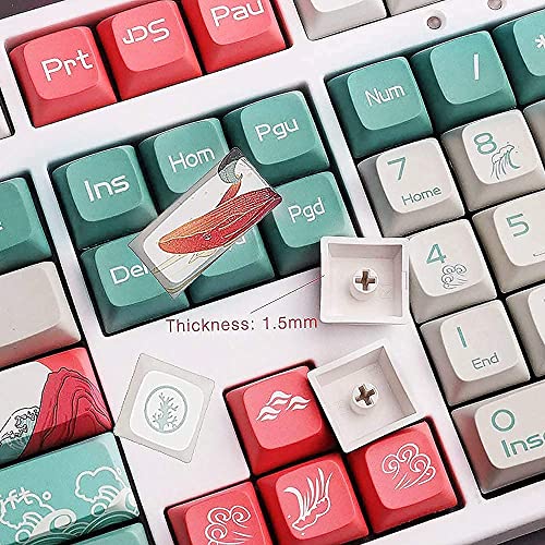 Custom Keycaps, XDA Profile PBT Keycaps, Japanese Ukiyo-e Coral Sea Style Keycaps for Mechanical Keyboards, Full 109 Key Set with 1.75u Shift Key (Coral Sea)