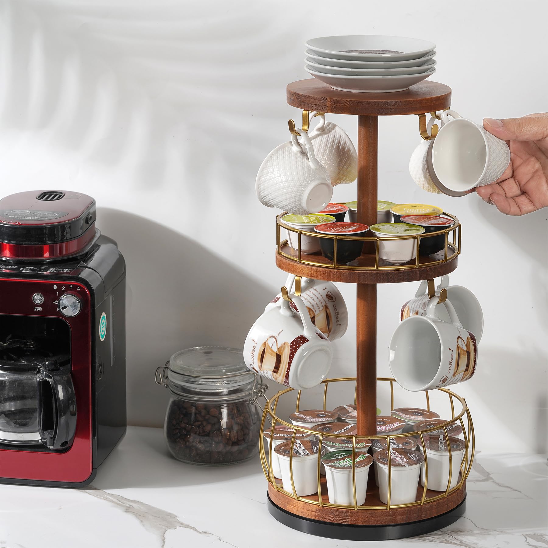 TRSPCWR Mug Tree Countertop, Rotatable Coffee Mug Rack Holder, 3 Tiers Coffee Cup Holder with 8 Mug Hooks, Coffee Pod Holder with Cup Pods & Saucer Basket Storage for Coffee Bar Kitchen Counter