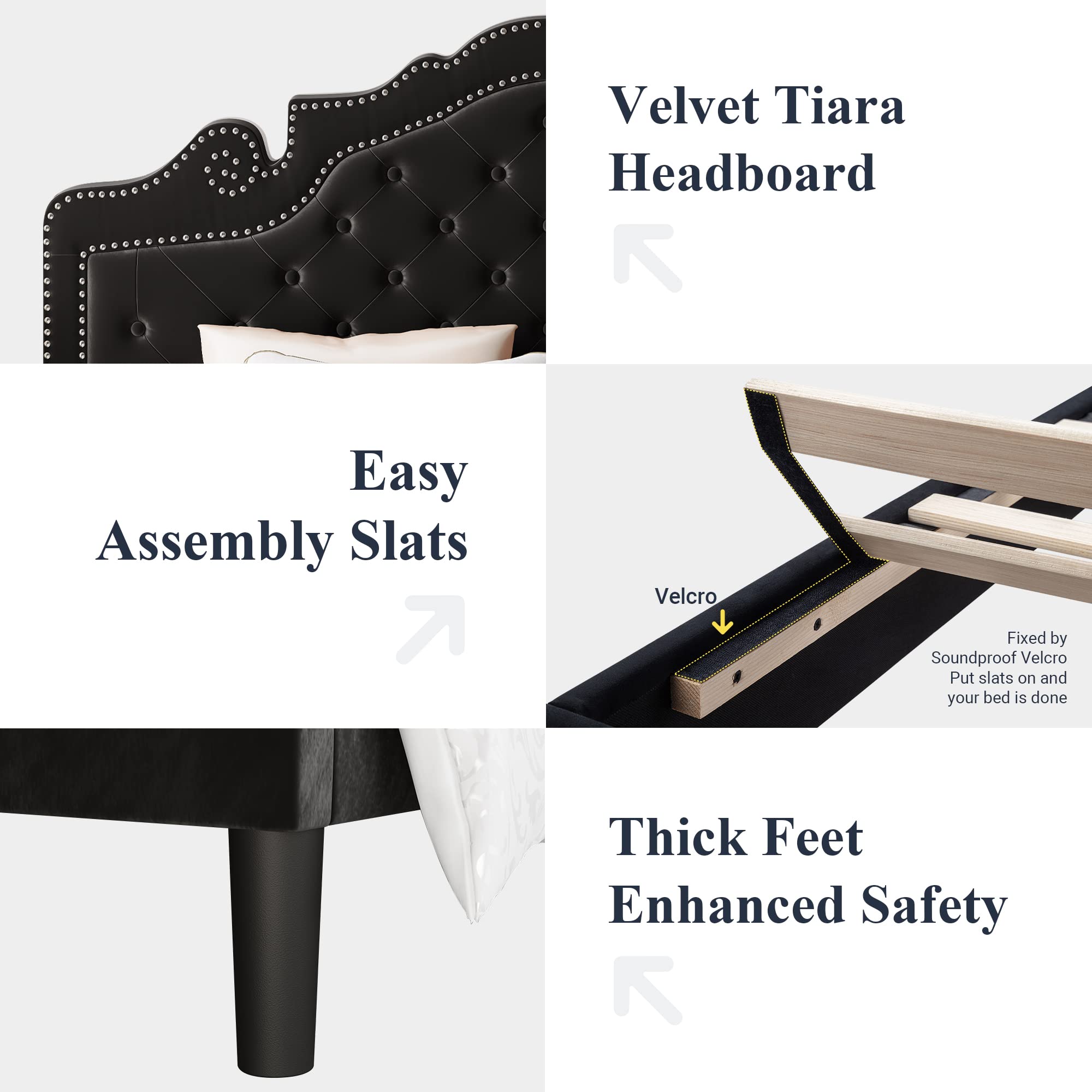 Allewie Queen Bed Frame with Velvet Tiara Headboard, Upholstered Diamond Button Tufted Platform Bed, Sturdy Wood Slats Support, No Box Spring Needed, Mattress Foundation, Easy Assembly, Black
