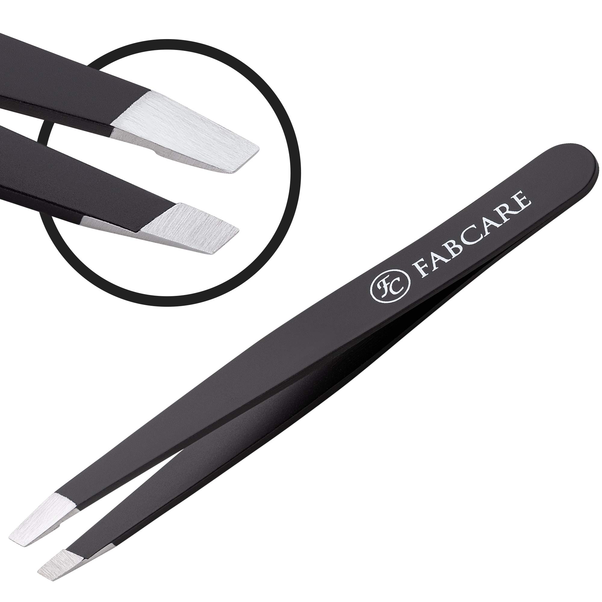 FABCARE Tweezers for plucking eyebrows with slanted tips, includes case, professional non-slip coating, high-quality tool for hair removal, suitable for men and women, precise and durable design.