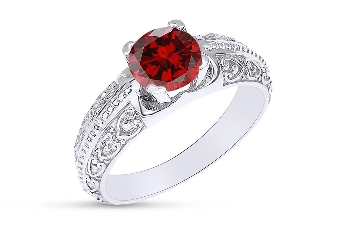 AFFY Round Shape Simulated Garnet In 14K White Gold Over 925 Sterling Silver Ring Size 13.5