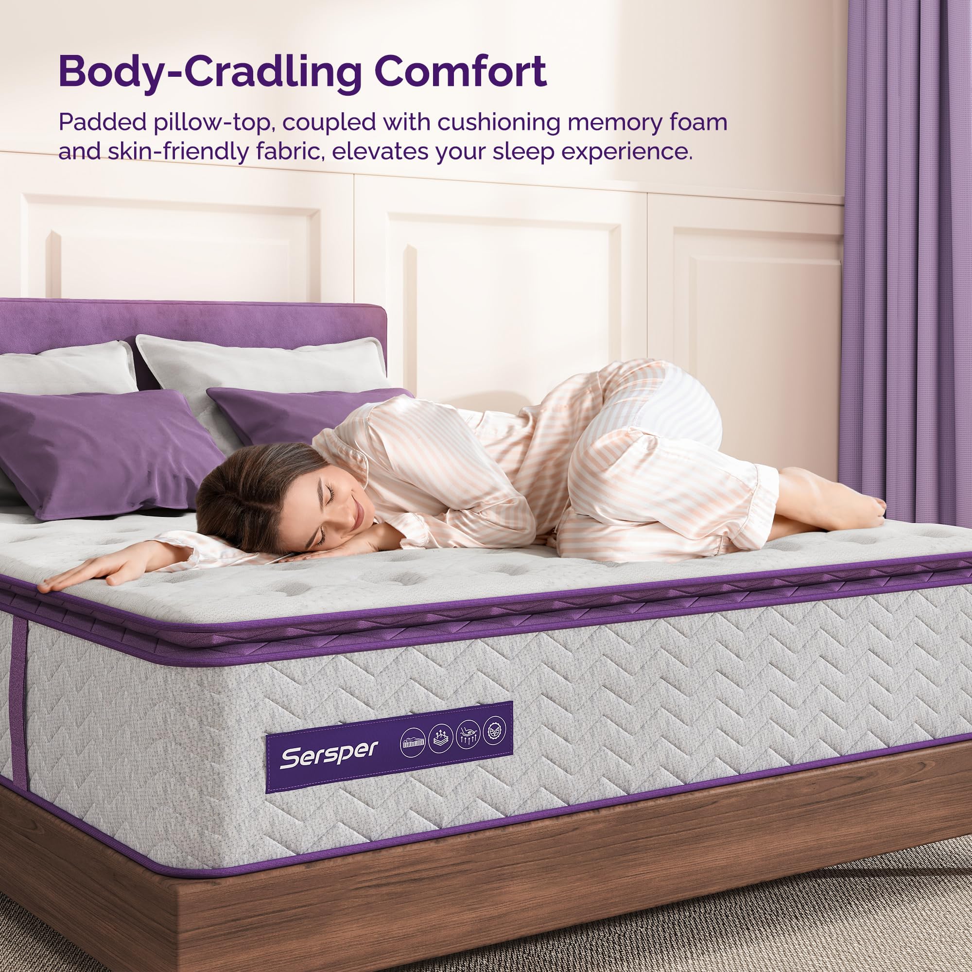 Sersper 14 Inch Memory Foam Hybrid Pillow Top King Mattress - 5-Zone Pocket Innersprings Motion Isolation - Heavier Coils for Durable Support - Medium Firm