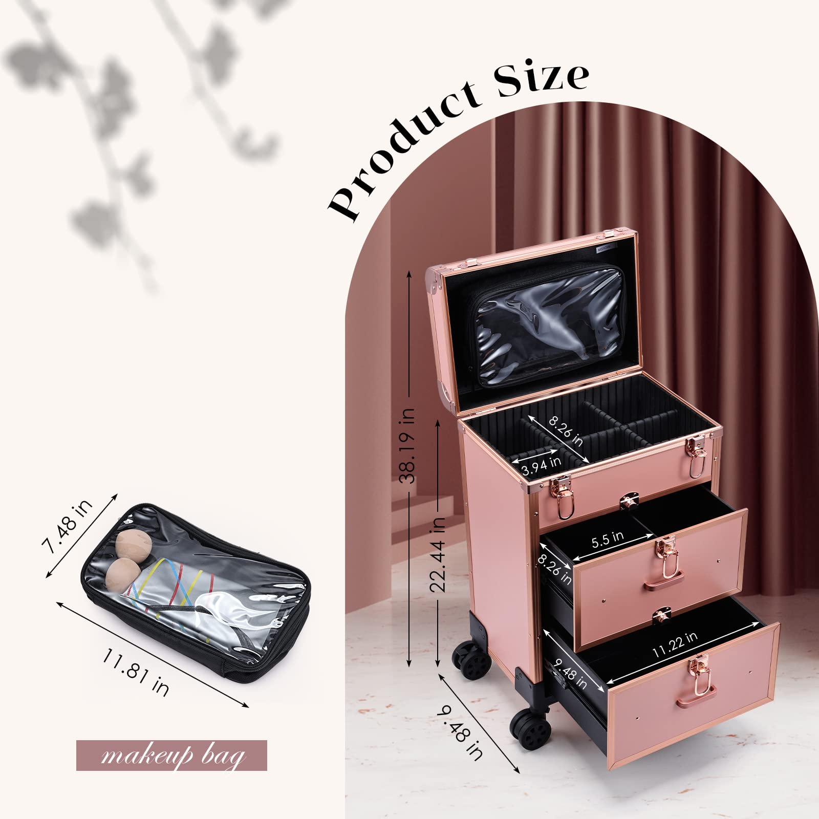 Adazzo Professional Rolling Makeup Train Case with Drawers, Large Cosmetic Trolley with Locks, Cosmetics Storage Organizer Make up Case for Travel Makeup/Nail Art/Hair Styling, Matte Gold