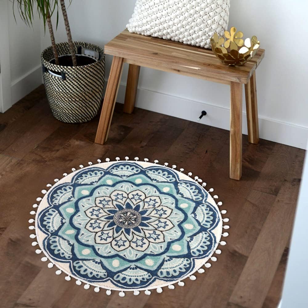 Uphome Small Round Rug 2.3ft Blue Boho Bathroom Rugs with Pom Pom Fringe Non-Slip Washable Mandala Circle Bath Mat Soft Cute Bohemian Throw Rug for Bedroom Sink Dorm Powder Room