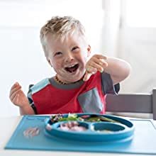 ezpz Happy Mat (Blue) New Version - 100% Silicone Suction Plate with Built-in Placemat for Toddlers + Preschoolers - Divided Plate - Dishwasher Safe