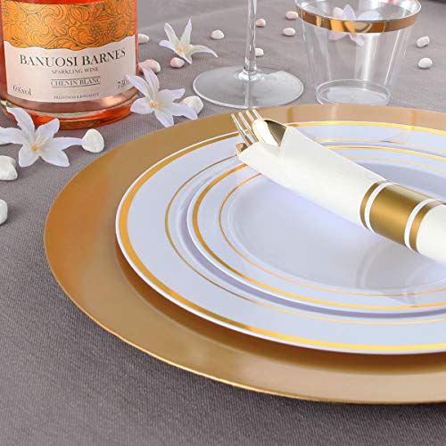 WELLIFE 350 Pieces Gold Plastic Plates with Disposable Silverware and Cups, Include: 50 Dinner Plates 10.25”, 50 Dessert Plates 7.5”, 50 Gold Rim Cups 9 OZ, 50 Gold Cutlery