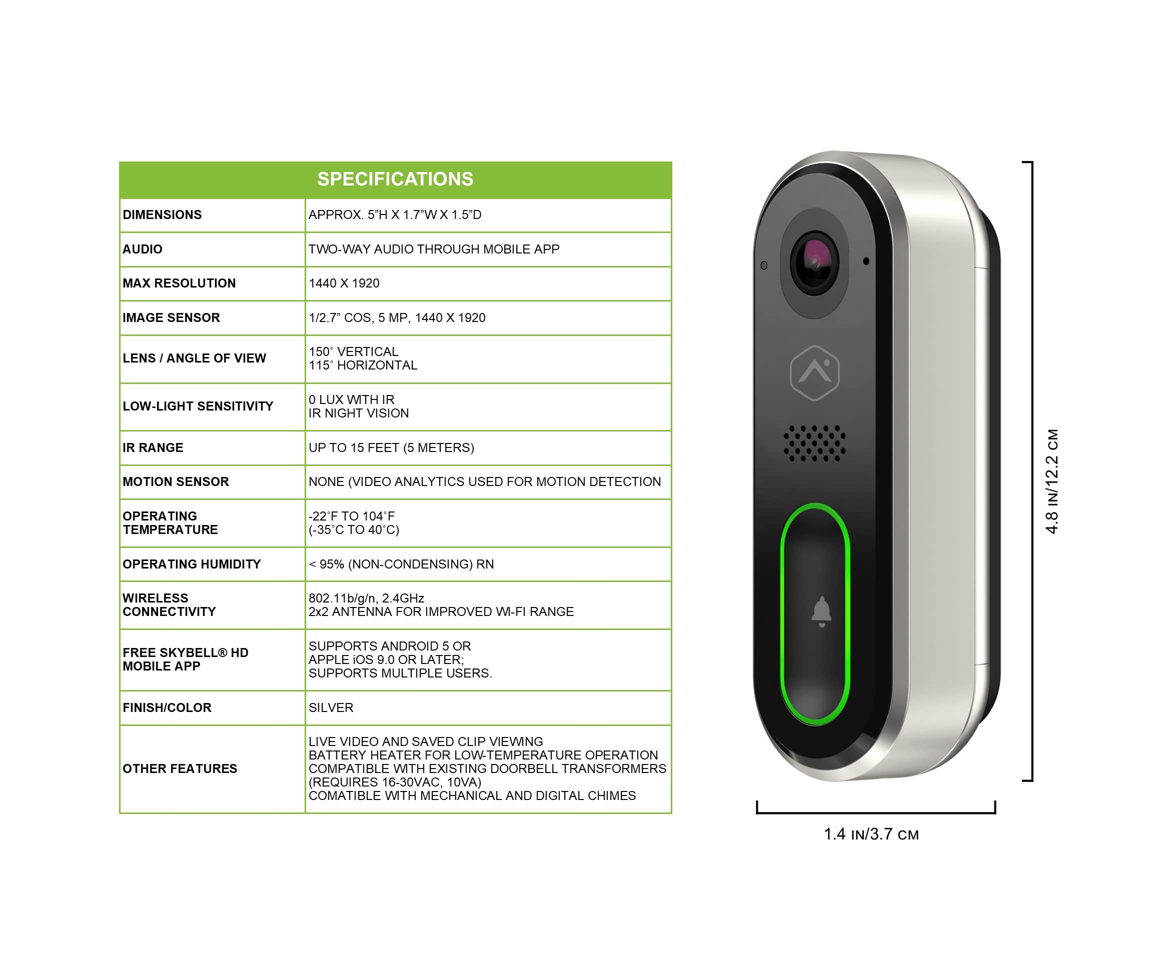 Alarm.com High Definition Wi-Fi Video Doorbell Camera Skybell VDB-770-S (Silver) Bundled with 4 inch Security Warning Sticker. Not Compatible with The Skybell app. Monthly Paid Subscription Required