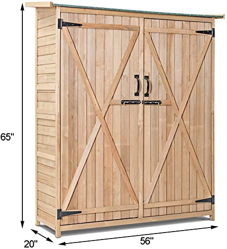 GRAFFY Outdoor Storage Shed, Wooden Garden Tools Cabinet with 2 Lockable Doors and Handles, Organizer Cabinet with Tilted Asphalt Roof, for Outside Garden and Yard