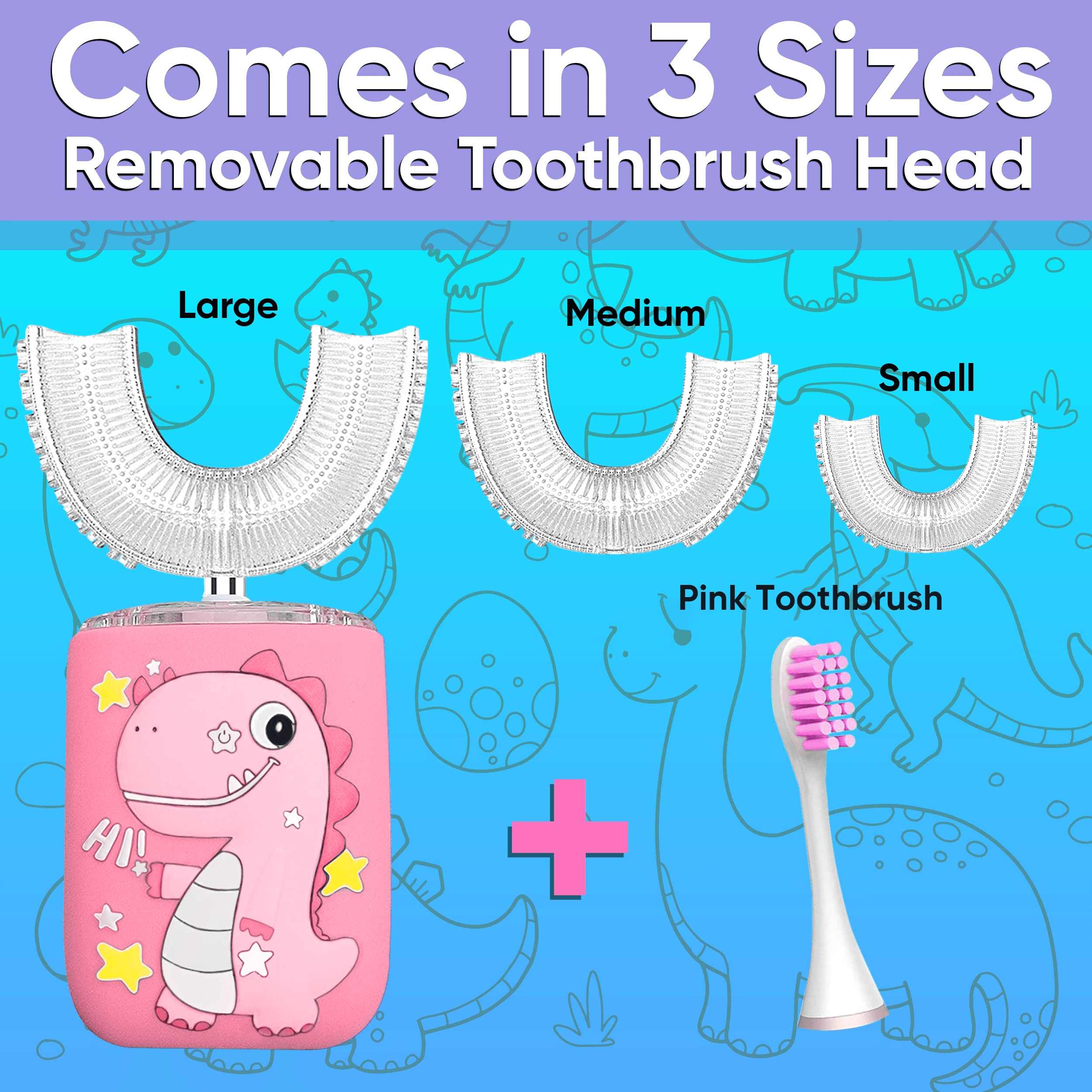 BubblezKidz – Kids Electric Toothbrush – U Shaped Dinosaur Cartoon – Ultra Sonic 6 brush Cleaning Modes w/ Smart Timer – Ages 2-18 Years Old – IPX7 Waterproof, Rechargeable, With Stickers