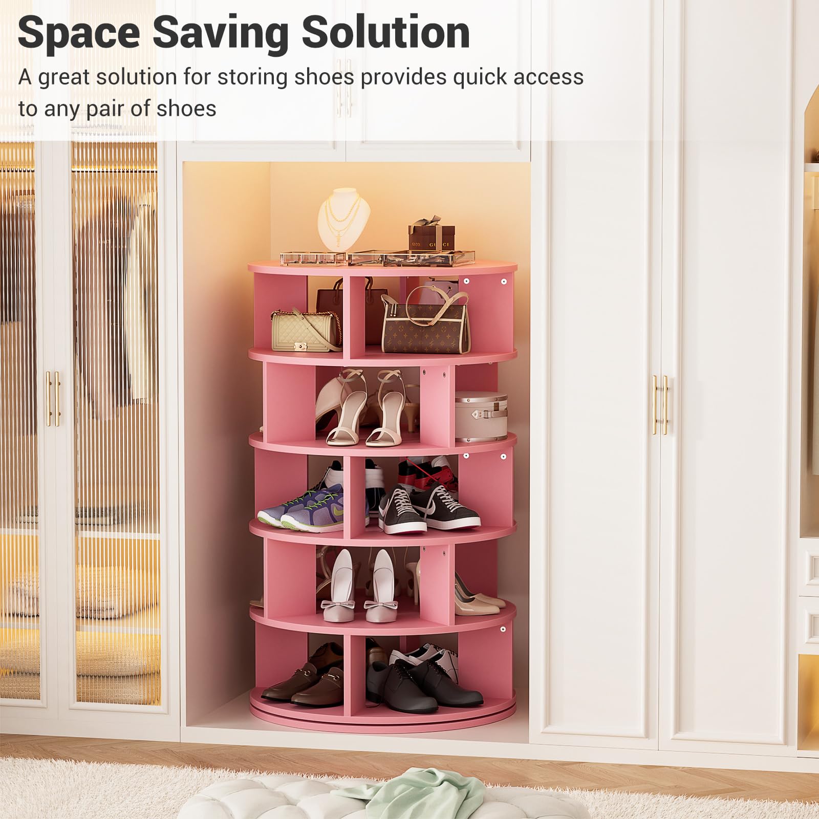 Aheaplus Rotating Shoe Rack, 5-Tier Wood Shoe Organizer for Closet, 360° Spinning Shoe Rack Tower Space-Saving Shoe Storage Shelf for Entryway, Garage, Bedroom, Black