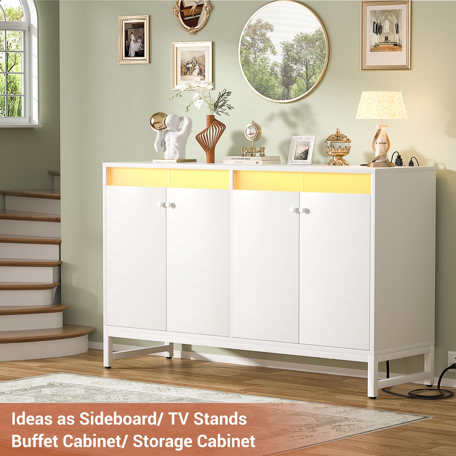 Aheaplus Sideboard Buffet Cabinet with Power Outlet, Kitchen Storage Cabinet with LED Light & Doors, Accent Cabinet Cupboard Buffet Table with Storage for Dining Room, Living Room, Hallway, White