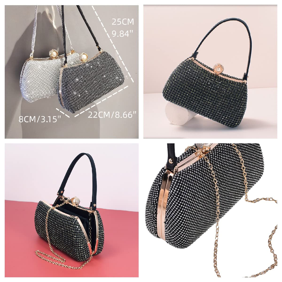 Anopo Rhinestones Clutch Purses Evening Handbag Bag Sparkly Bridal Lady Crossbody Chain Strap for Wedding Party Prom Club Black