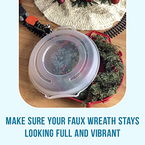 HOMZ Set of 3 Holiday Wreath Plastic Storage Containers, Holds Up to 24β Diameter, Secure Latching Lid and Easy Grip Handle, Stackable and Nestable, Red/Clear