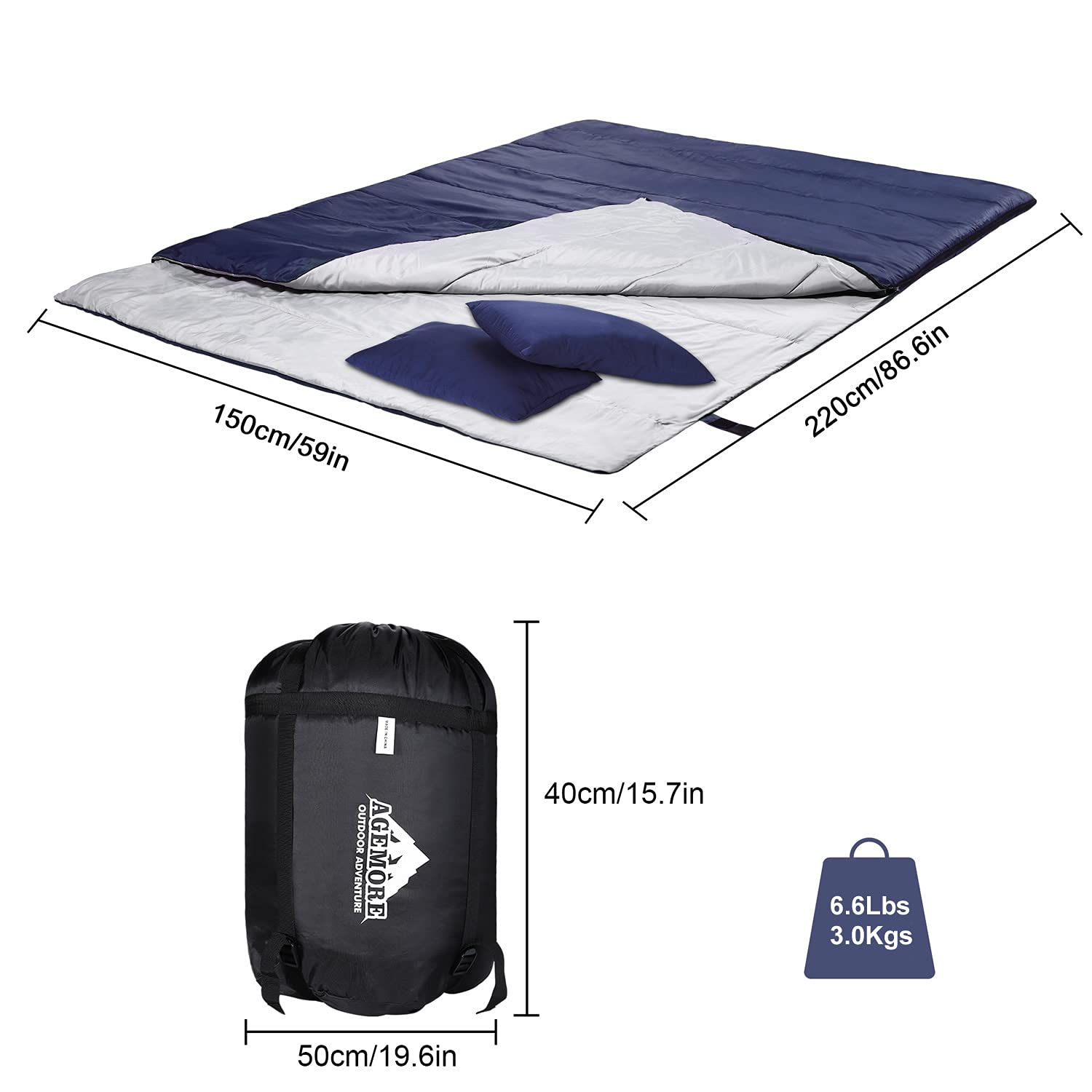 AGEMORE Double Sleeping Bag for Camping, Backpacking Or Hiking, Lightweight Waterproof 2 Person Sleeping Bag with 2 Pillow, Queen Size Sleeping Bag for Adults Or Teens, Truck or Tent (6.6LB Blue)