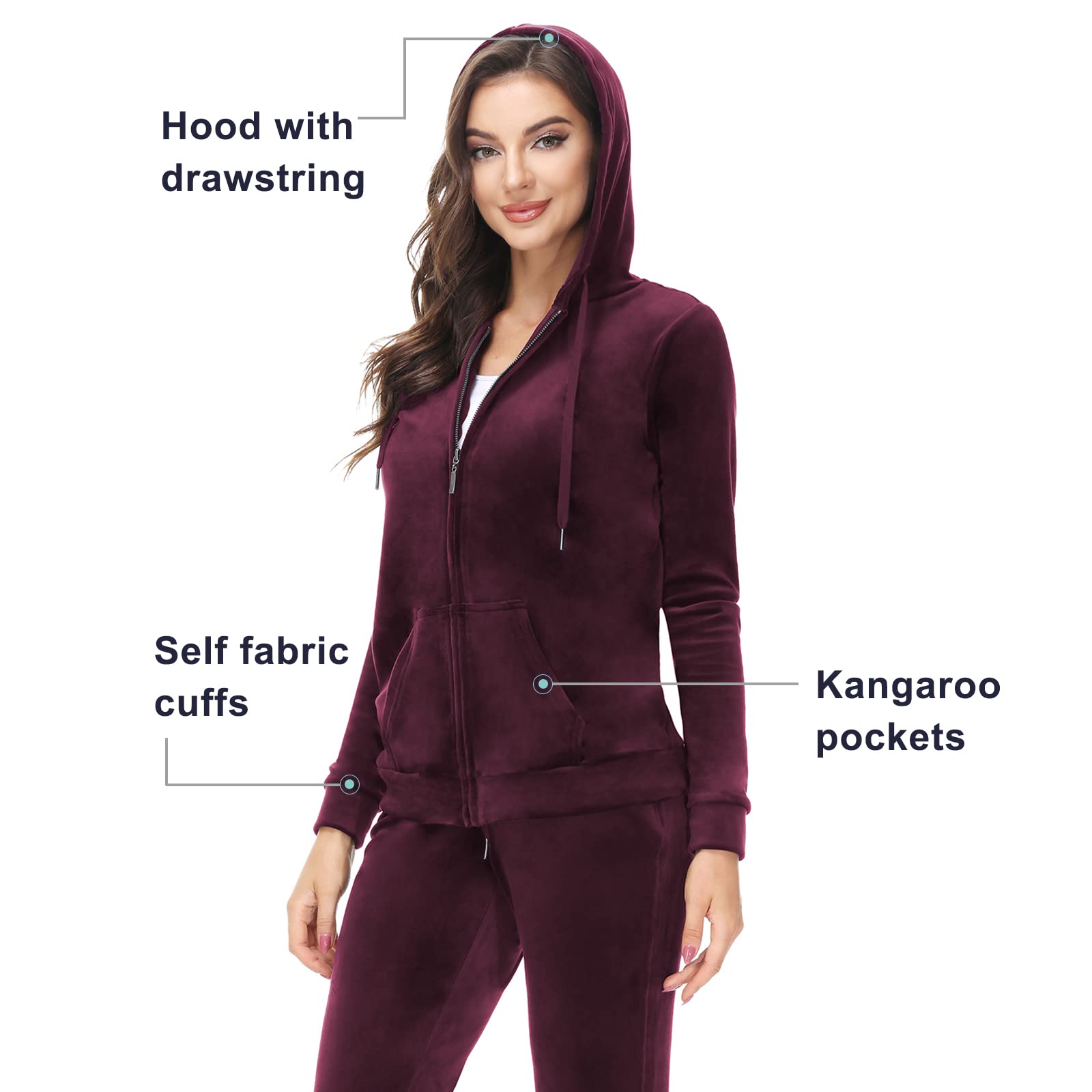 ANOTHER CHOICE Velour Tracksuit Women 2 Piece Zip-Up Velvet Sweatsuits Hooded Soft Jogging Set(Wine,Small)