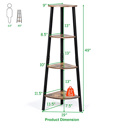 Tangkula Industrial Corner Shelf, 4-Tier Ladder Bookshelf, Metal Frame Storage Rack, Bookcase, Plant Stand, Multipurpose Accent Furniture for Home Office, Display Corner Shelf (Rustic Brown)