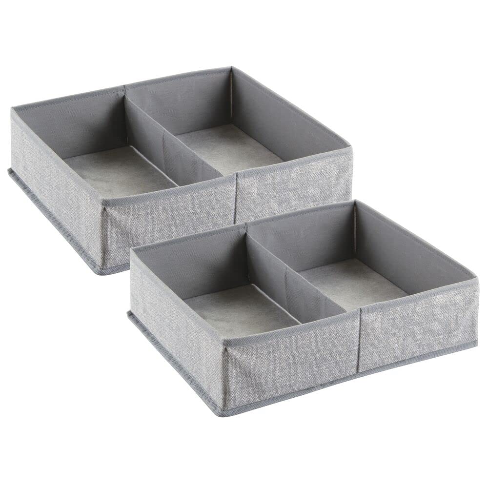 mDesign Soft Fabric Dresser Drawer and Closet Storage Organizer Bin for Child/Kids Room, Nursery, Playroom - Divided 2 Section Tray - Textured Print, 2 Pack - Gray