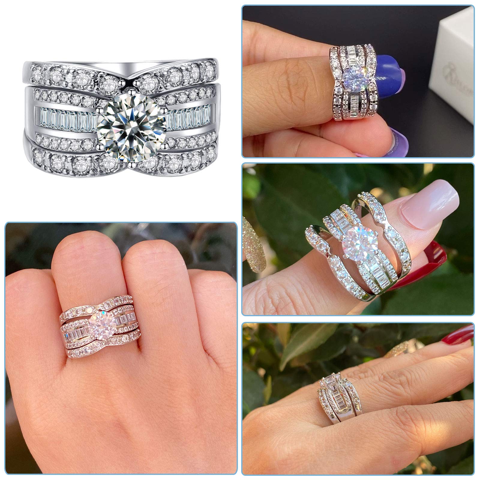 Ahloe Jewelry 2.3Ct Wedding Rings for Women Engagement Ring Set Bands 18k White Gold Halo Round Cz 3pcs Size 8