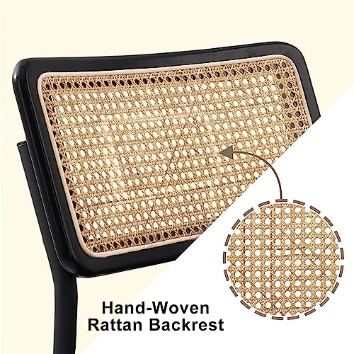 GrandNoor Rattan Dining Chairs,Wooden Mid-Century Modern Kitchen Chairs, Armless Mesh Back Cane Chairs, Upholstered Boucle Chairs with Metal Chrome Legs, Set of 2 (Black, 2PCS-Dining Chairs)