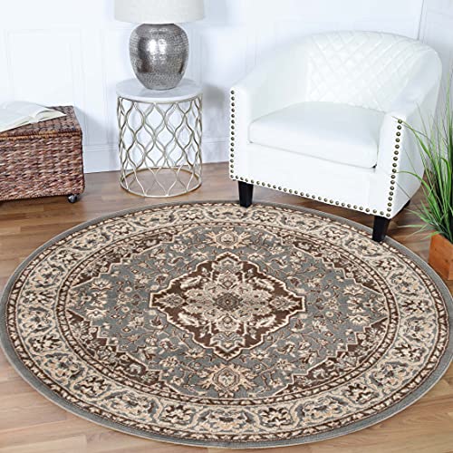 BNM Indoor Large Area Rug, Jute Backing, Traditional Rugs for Living Room, Kitchen, Office, Dorm, Bedroom, Carpet Floor Decor, Oriental Medallion Floral Scroll Indoor Area Rug, 8' Round, Grey
