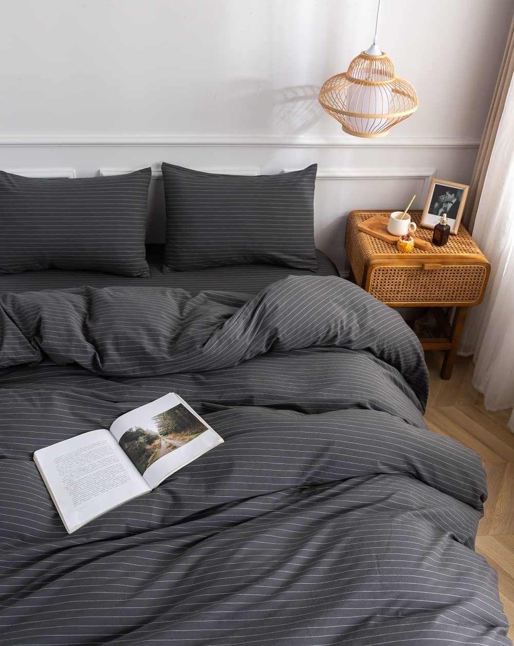 TazmKezm Black Grid 100% Washed Cotton Duvet Cover Set, 3 PCs Breathable Soft Bedding Set Linen Textured. Black White Grid Pattern Duvet Cover King Size (No Comforter)